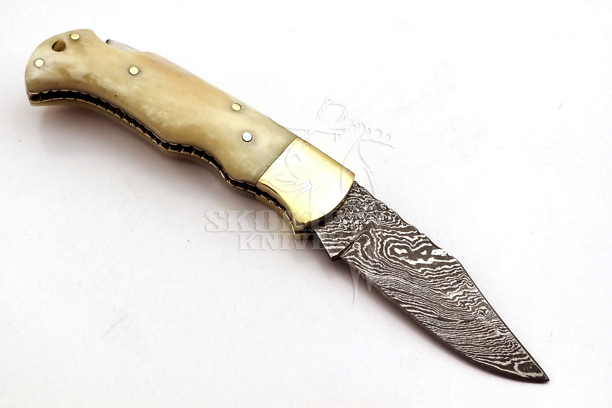 Skokie Knives Custom Hand Made Damascus Steel Hunting Folding Knife Handle Camel Bone