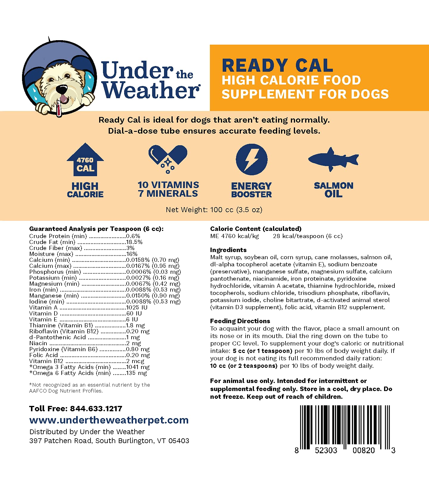 Under the Weather Pet | Ready Cal for Dogs 100cc | High Calorie Supplement | Weight Gainer and High Calorie Booster | 10 Vitamins, 7 Minerals & Omega Fatty Acids