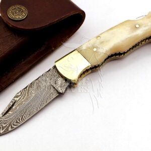 Skokie Knives Custom Hand Made Damascus Steel Hunting Folding Knife Handle Camel Bone