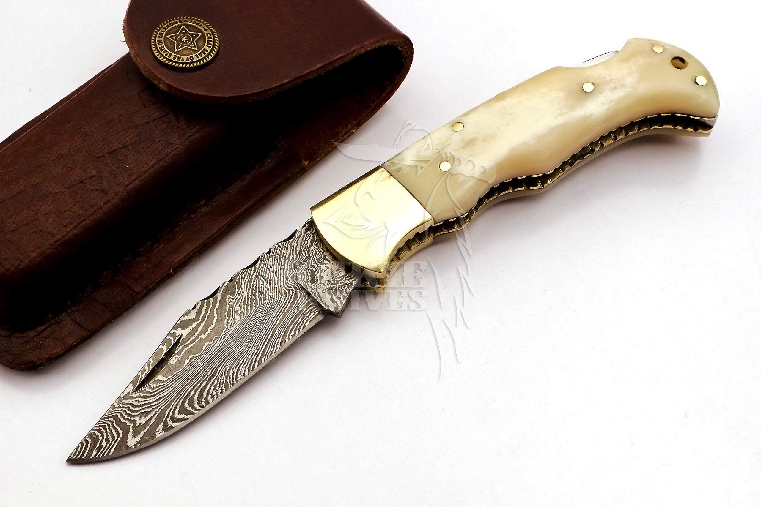 Skokie Knives Custom Hand Made Damascus Steel Hunting Folding Knife Handle Camel Bone