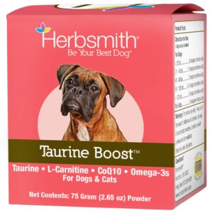 herbsmith taurine boost - cardiac and heart support for dogs and cats - taurine supplement for dog and cat heart health – with coq10, taurine and l-carnitine for dogs - 75g