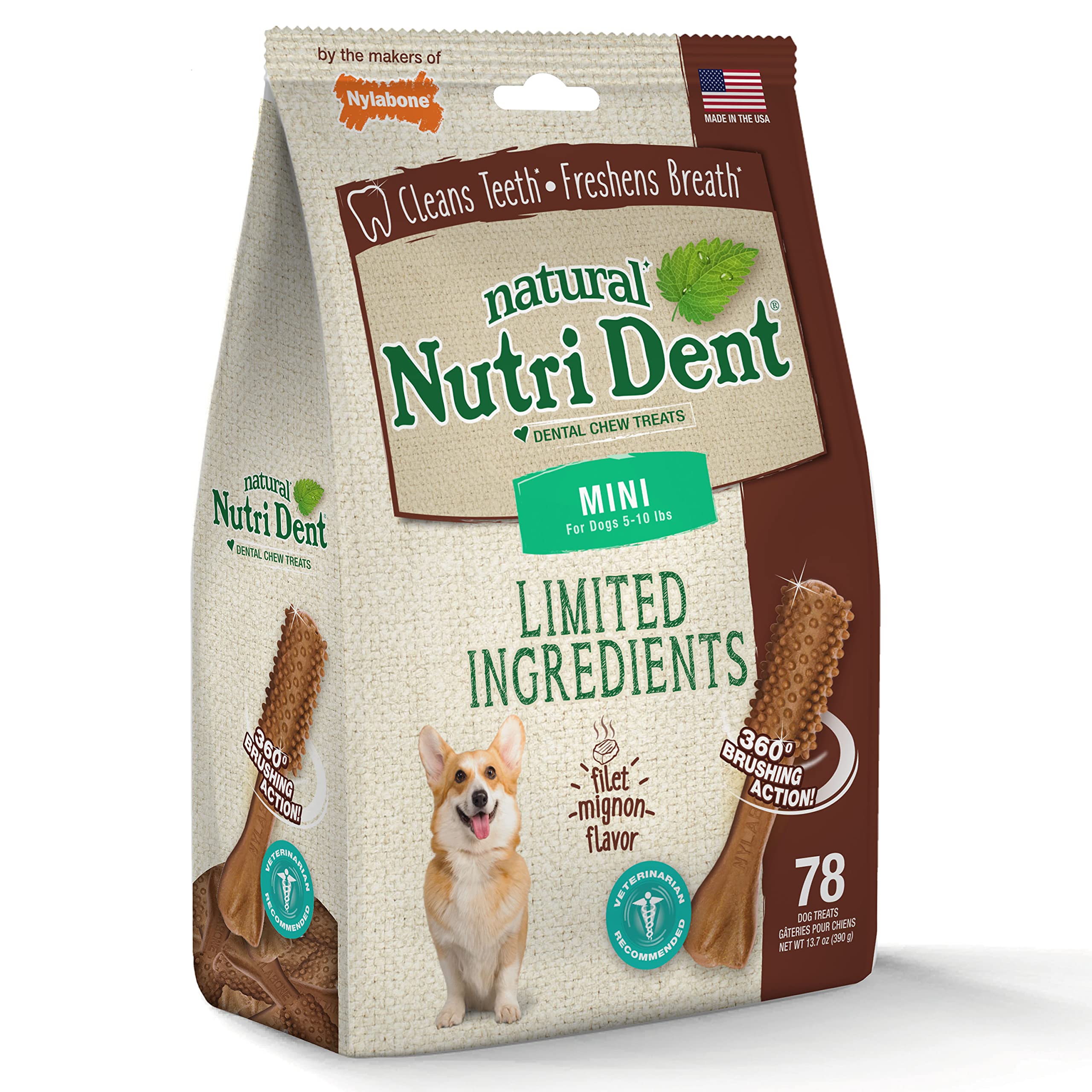 Nylabone Nutri Dent Dog Dental Treats - Natural Dog Teeth Cleaning & Breath Freshener - Dental Treats for Dogs - Filet Mignon Flavor, Mini (78 Count)