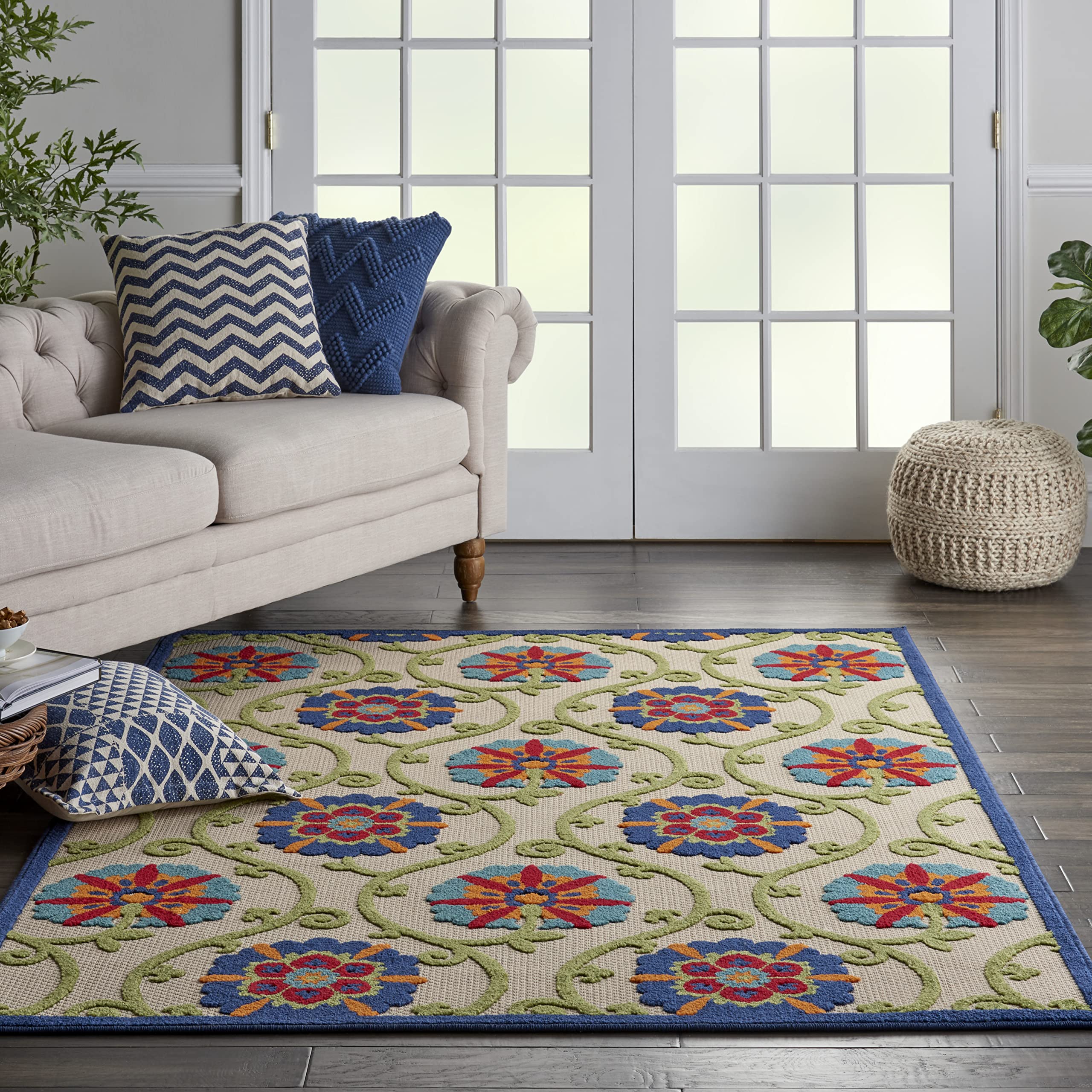 Nourison Aloha Indoor/Outdoor Blue/Multicolor 5'3" x 7'5" Area -Rug, Easy -Cleaning, Non Shedding, Bed Room, Living Room, Dining Room, Deck, Backyard, Patio (5x7)