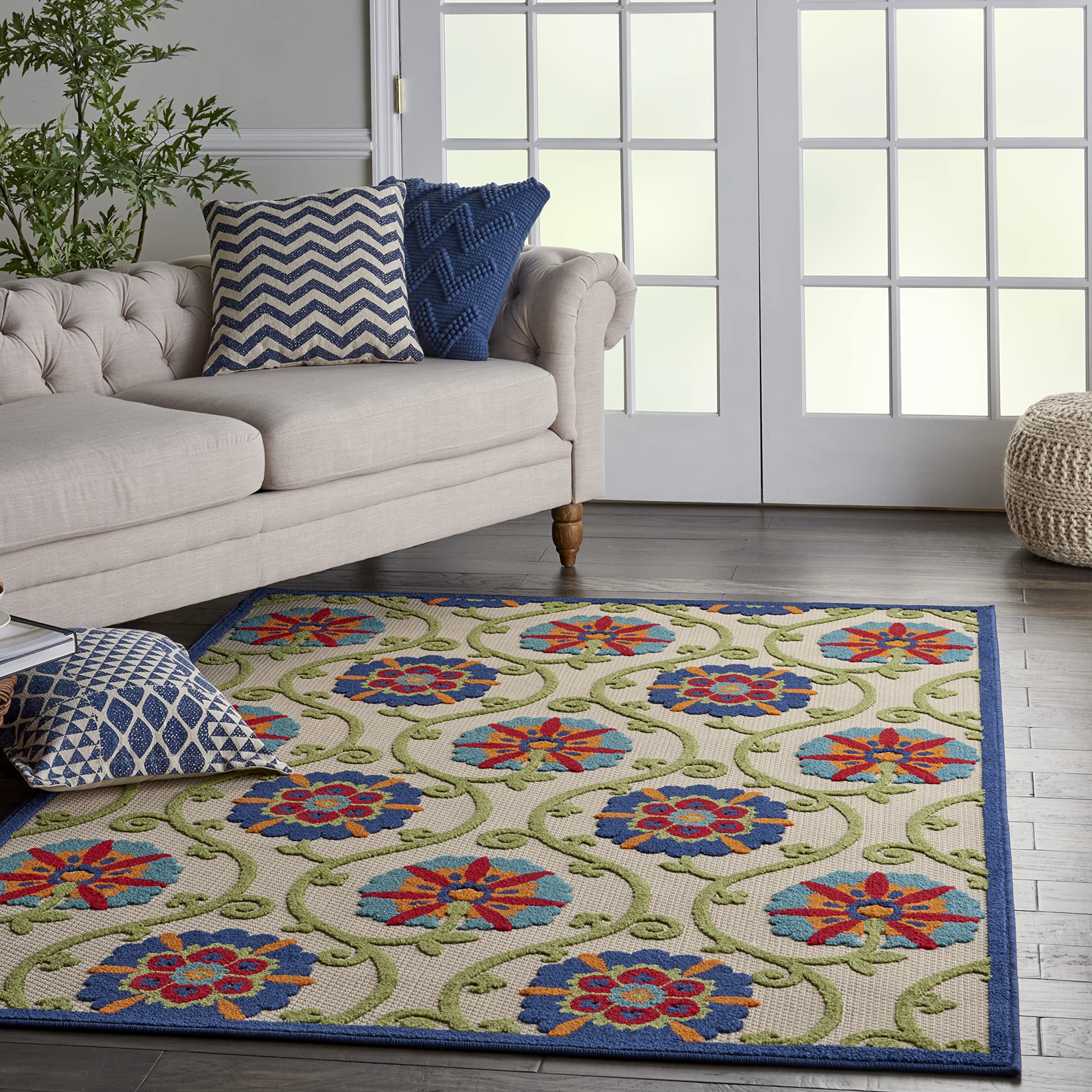 Nourison Aloha Indoor/Outdoor Blue/Multicolor 5'3" x 7'5" Area -Rug, Easy -Cleaning, Non Shedding, Bed Room, Living Room, Dining Room, Deck, Backyard, Patio (5x7)