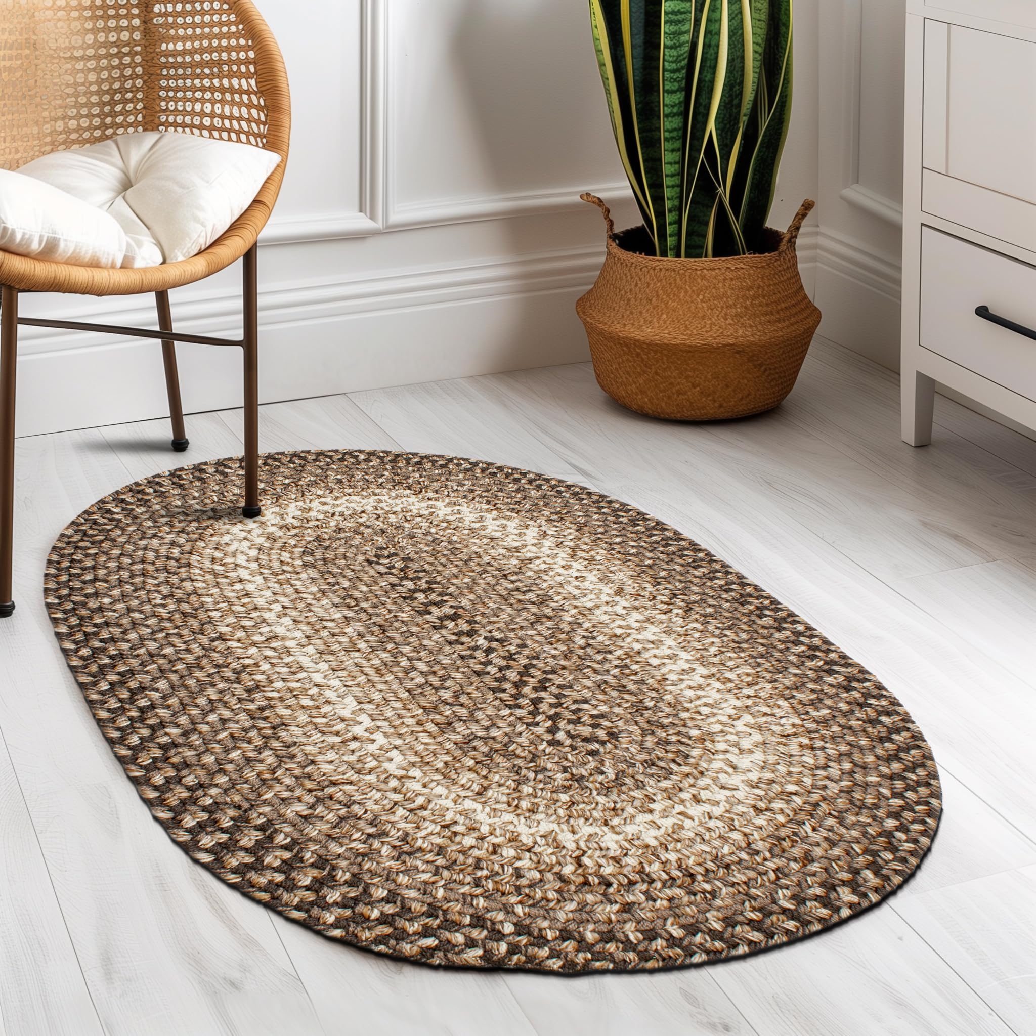 Super Area Rugs Braided Rugs 2X3 Farmhouse Kitchen Rug - Ridgewood Braided Rug for Living Room - Reversible - Indoor/Outdoor - Made in USA - Brown Velvet/Beige, 2' X 3' Oval