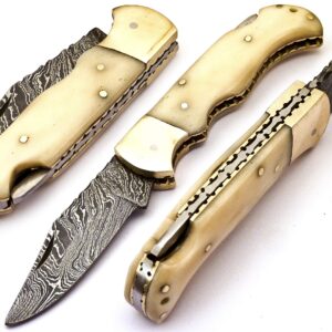 skokie knives custom hand made damascus steel hunting folding knife handle camel bone