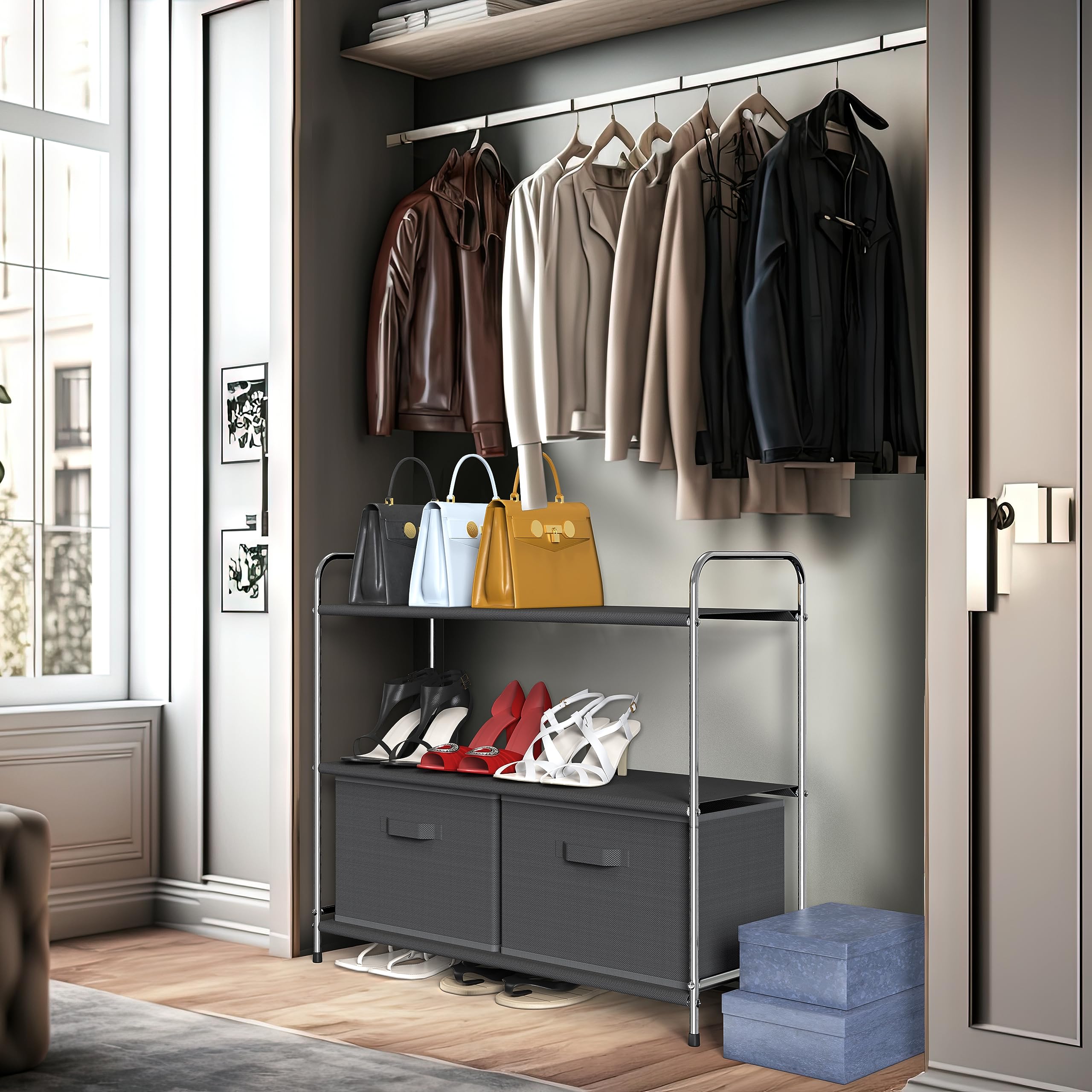 Simple Houseware 3-Tier Closet Storage with 2 Drawers, Dark Grey