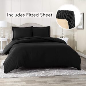 Nestl Duvet Cover with Fitted Sheet 4 Piece Set - Soft Double Brushed Microfiber Hotel Collection - Comforter Cover with Button Closure, Fitted Sheet, 2 Pillow Shams, Queen - Black