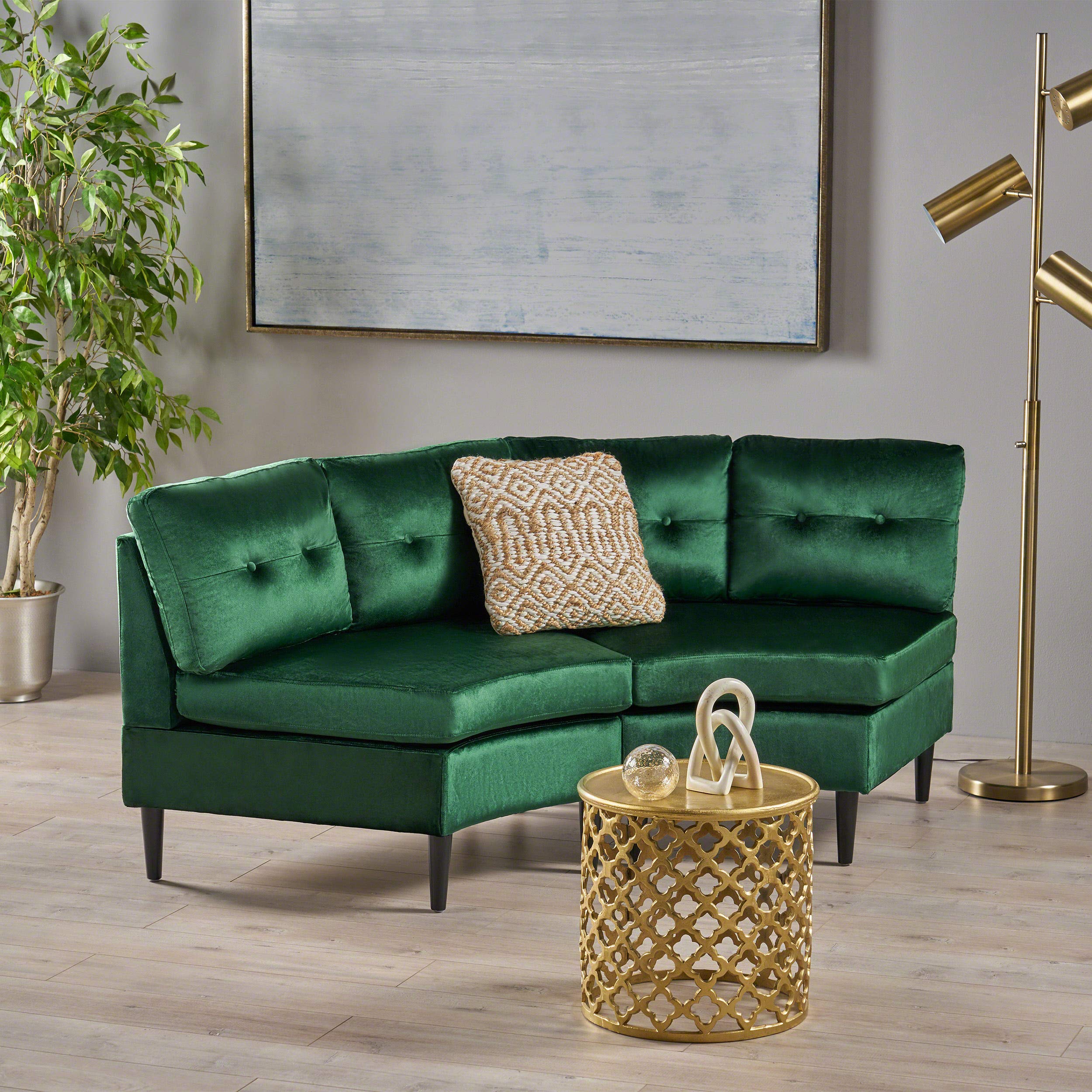 Christopher Knight Home Julian Nora Glam Velvet Modular 2 Seater Sectional, Emerald, Matte Black