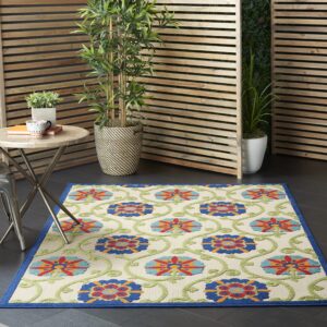 nourison aloha indoor/outdoor blue/multicolor 5'3" x 7'5" area -rug, easy -cleaning, non shedding, bed room, living room, dining room, deck, backyard, patio (5x7)