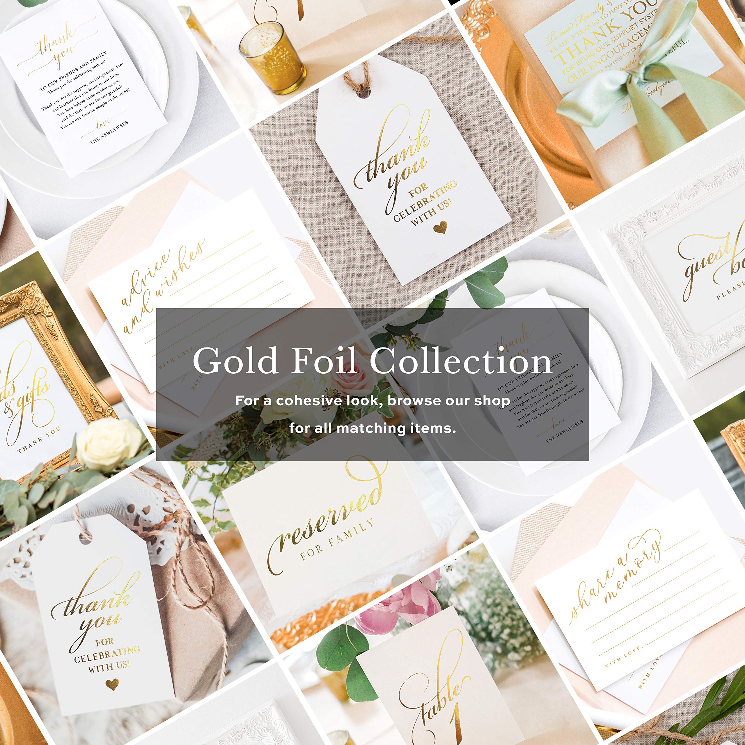 Bliss Collections Wedding Reception Thank You Cards, Pack of 50 REAL GOLD Foil Cards, Great Addition to Your Table Centerpiece, Place Setting, Wedding Decorations, Each Card is 5x5, Made in the USA