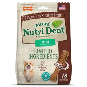 nylabone nutri dent dog dental treats - natural dog teeth cleaning & breath freshener - dental treats for dogs - filet mignon flavor, mini (78 count)