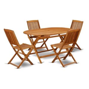 east west furniture dicm5cwna diboll 5 piece patio bistro dining furniture set includes an oval outdoor acacia wood table and 4 folding side chairs, 36x60 inch, natural oil