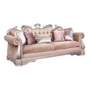 acme northville sofa with 5 pillows in velvetand antique silver