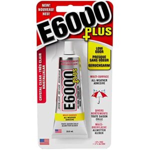 e6000 eclectic products inc. plus multi-purpose clear glue, waterproof and paintable, strong flexible craft adhesive for wood, glass, fabric, ceramic, metal and more, 26.6ml