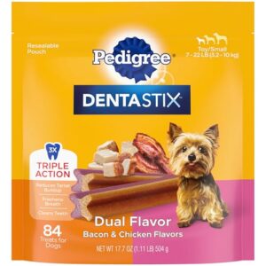 pedigree dentastix dual flavor small dog dental treats, bacon & chicken flavors dental bones, 17.7 oz. pack (84 treats)