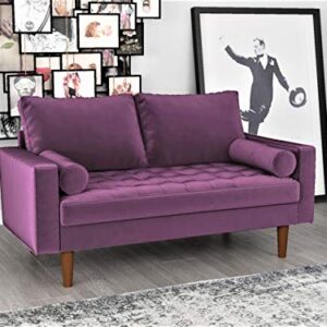 Container Furniture Direct Womble 58 Inch Velvet Loveseat Sofa with Elegant Button Tufted Upholstery, Square Arms, Splayed Wood Legs, Includes Matching Bolster Pillows, Ruby