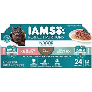 iams perfect portions indoor adult grain free wet cat food pate variety pack, salmon and tuna recipes, 2.6 oz. easy peel twin-pack trays (12 count, 24 servings)