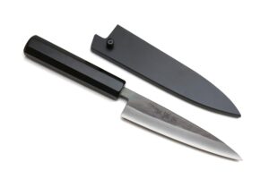 yoshihiro kurouchi black-forged blue steel stainless clad petty utility knife ebony handle (5.3'' (135mm) & saya)