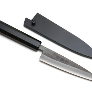 Yoshihiro Kurouchi Black-Forged Blue Steel Stainless Clad Petty Utility Knife Ebony Handle (5.3'' (135mm) & Saya)