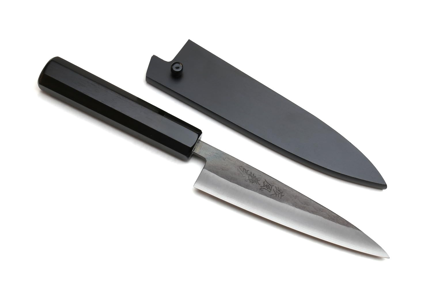 Yoshihiro Kurouchi Black-Forged Blue Steel Stainless Clad Petty Utility Knife Ebony Handle (5.3'' (135mm) & Saya)