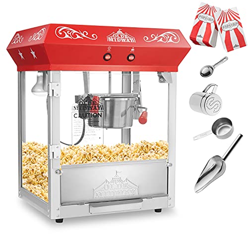 Olde Midway Bar Style Popcorn Machine Maker Popper with 6-Ounce Kettle - Red