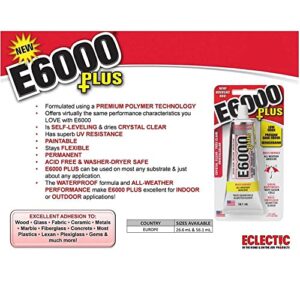 E6000 Eclectic Products inc. Plus Multi-purpose Clear Glue, Waterproof and Paintable, Strong Flexible Craft Adhesive for Wood, Glass, Fabric, Ceramic, Metal and More, 26.6ml