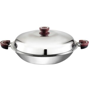 buffalo clad stainless steel wok pan with lid flat bottom 15 inch (38cm) stir frying pan tri-ply nonstick cookware - double handle cooking pot for induction/electric/gas stoves