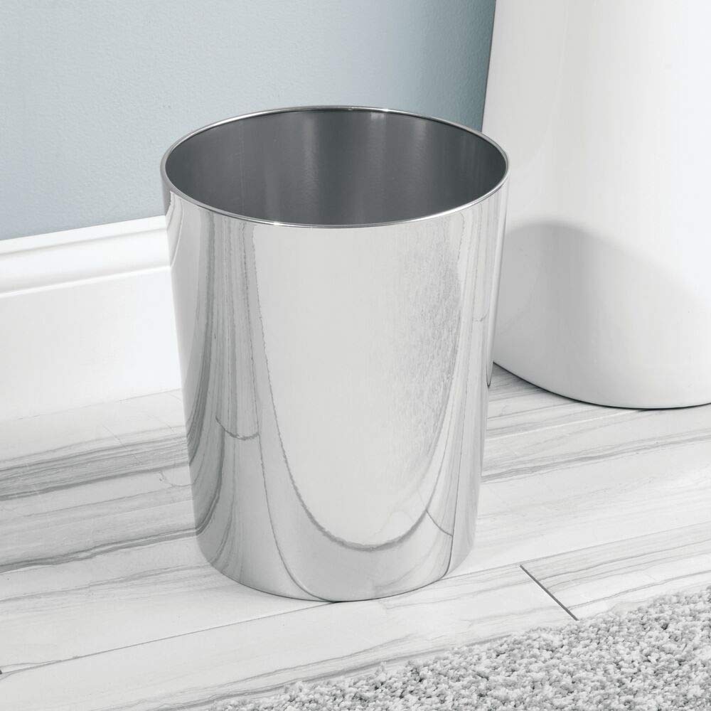 mDesign Round Metal Small 1.7 Gallon Recycle Trash Can Wastebasket, Garbage Container Bin for Bathrooms, Kitchen, Bedroom, Home Office - Durable Stainless Steel - Mirri Collection - Chrome