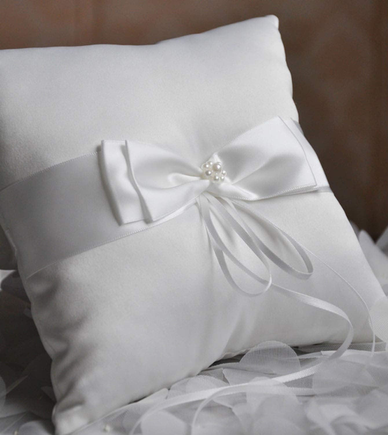 Little World Ring Pillow Pearls, Decor Bridal Wedding Ivory Ring Bearer Pillow, 7.8 Inch x 7.8 Inch (White)