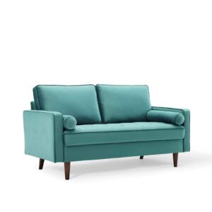 modway valour collection eei-4004-tea 62 loveseat with innerspring pocket structure non-marking foot caps dense foam padding and stain-resistant velvet polyester upholstery in teal color