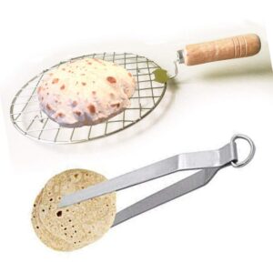 wooden & steel roasting net with tong,pakkad,roasting net,stainless steel wire roaster,cooking rack,papad grill,chapati grill,roaster,food tong