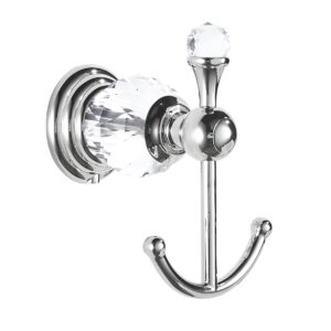 bathsir crystal robe hook, polished chrome double towel hook for bathroom, wall mounted silver coat hook