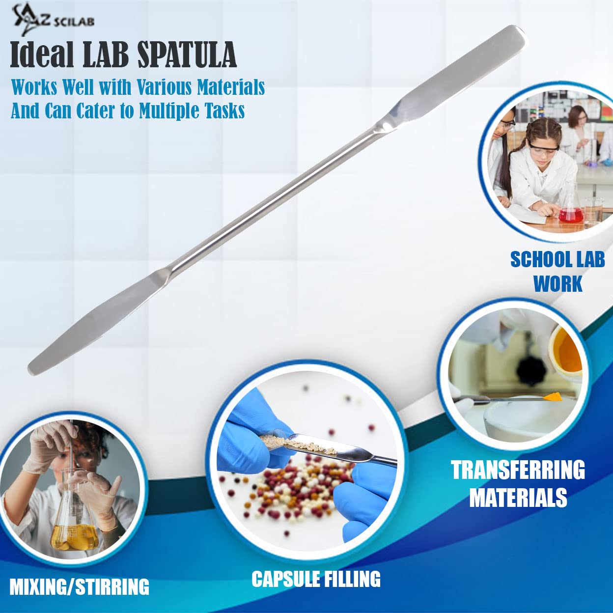 A2Z-DE003 Stainless Steel Double Ended Micro Lab Spatula Sampler, Round & Tapered Arrow End, 7" Length