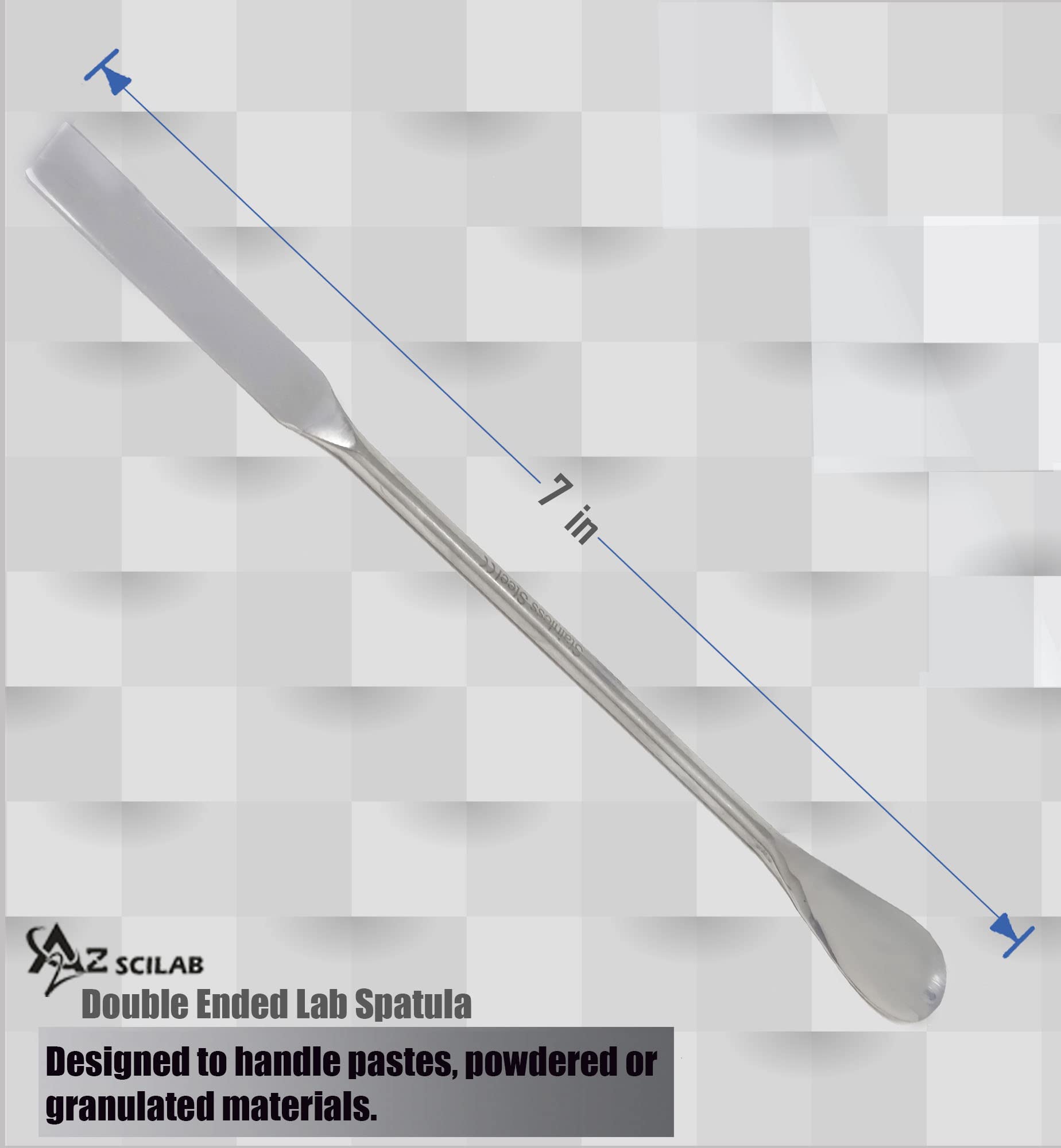 A2Z-DE001 Stainless Steel Double Ended Micro Lab Spatula Sampler, Square & Flat Spoon End, 7" Length