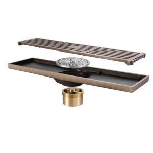 Linear Shower Drain 12 Inch with Removable Grate Brass Antique Rectangular Bathroom Floor Drain Strainers Bath Hotel Drain