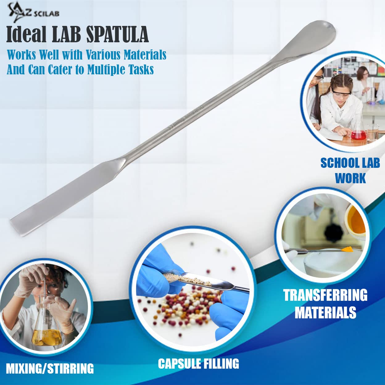 A2Z-DE001 Stainless Steel Double Ended Micro Lab Spatula Sampler, Square & Flat Spoon End, 7" Length