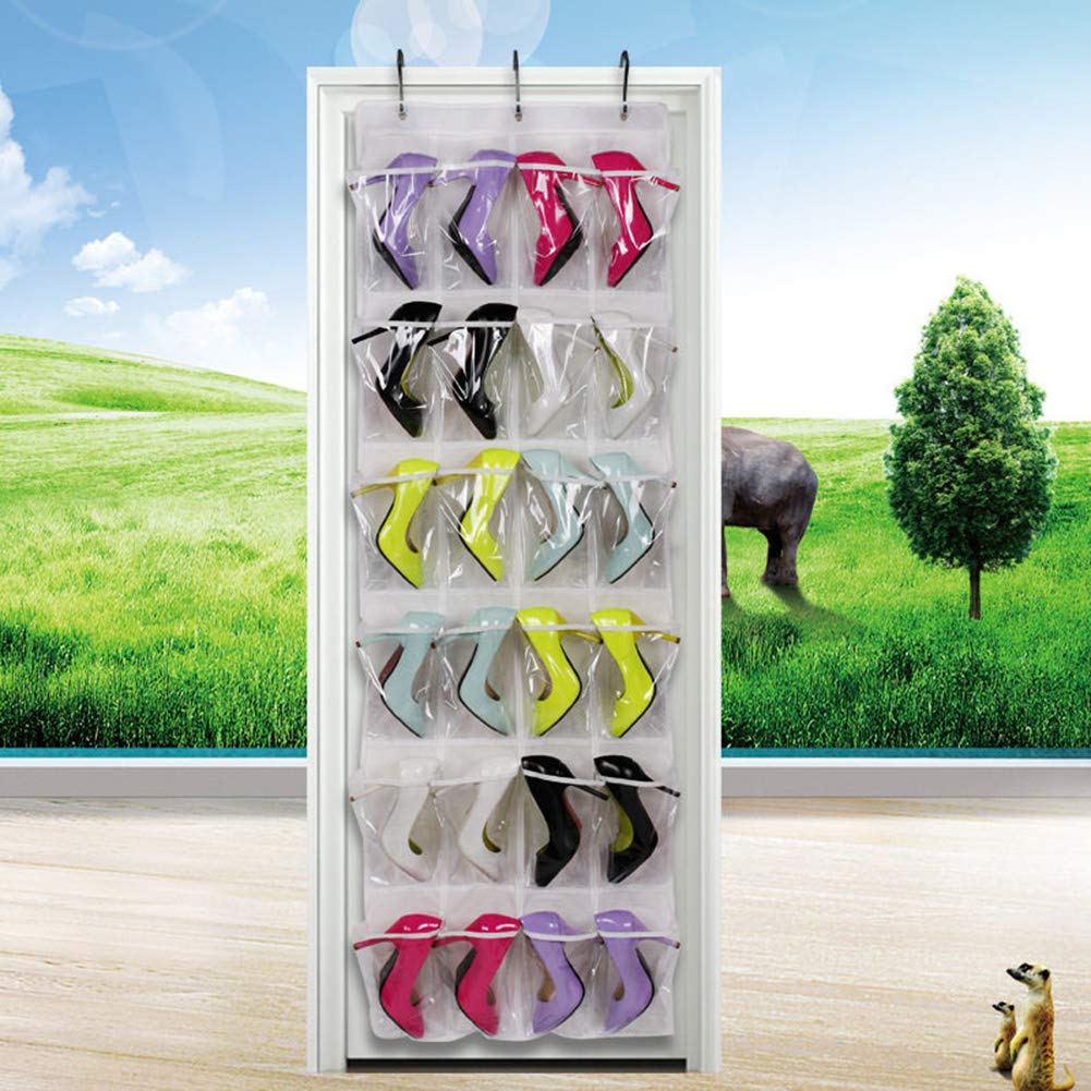 Jkhome Over The Door Hanging Shoe Organizer Rack Holder Home Non-woven Transparent Storage Bag 24 Pockets With 3 Hooks (White)