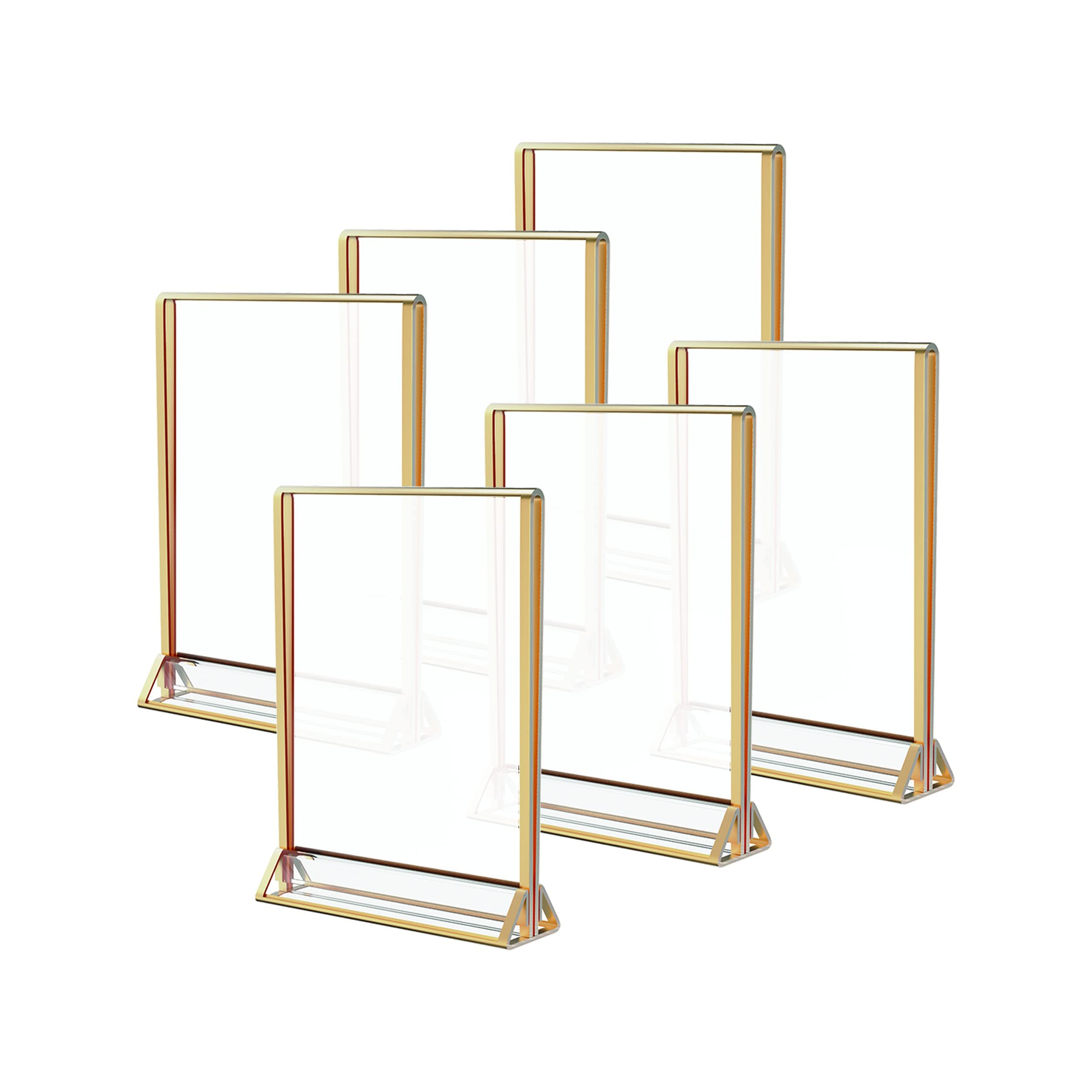 Acrylic Sign Holder 5x7, Wedding Table Numbers, Gold Picture Frame, Sign Holders, 5" x 7", 6 Pack, 2 Sided Frames, Lucite, Menu Holder Display, Vertical Photo Stand for Centerpieces, Card, Flyer, Art