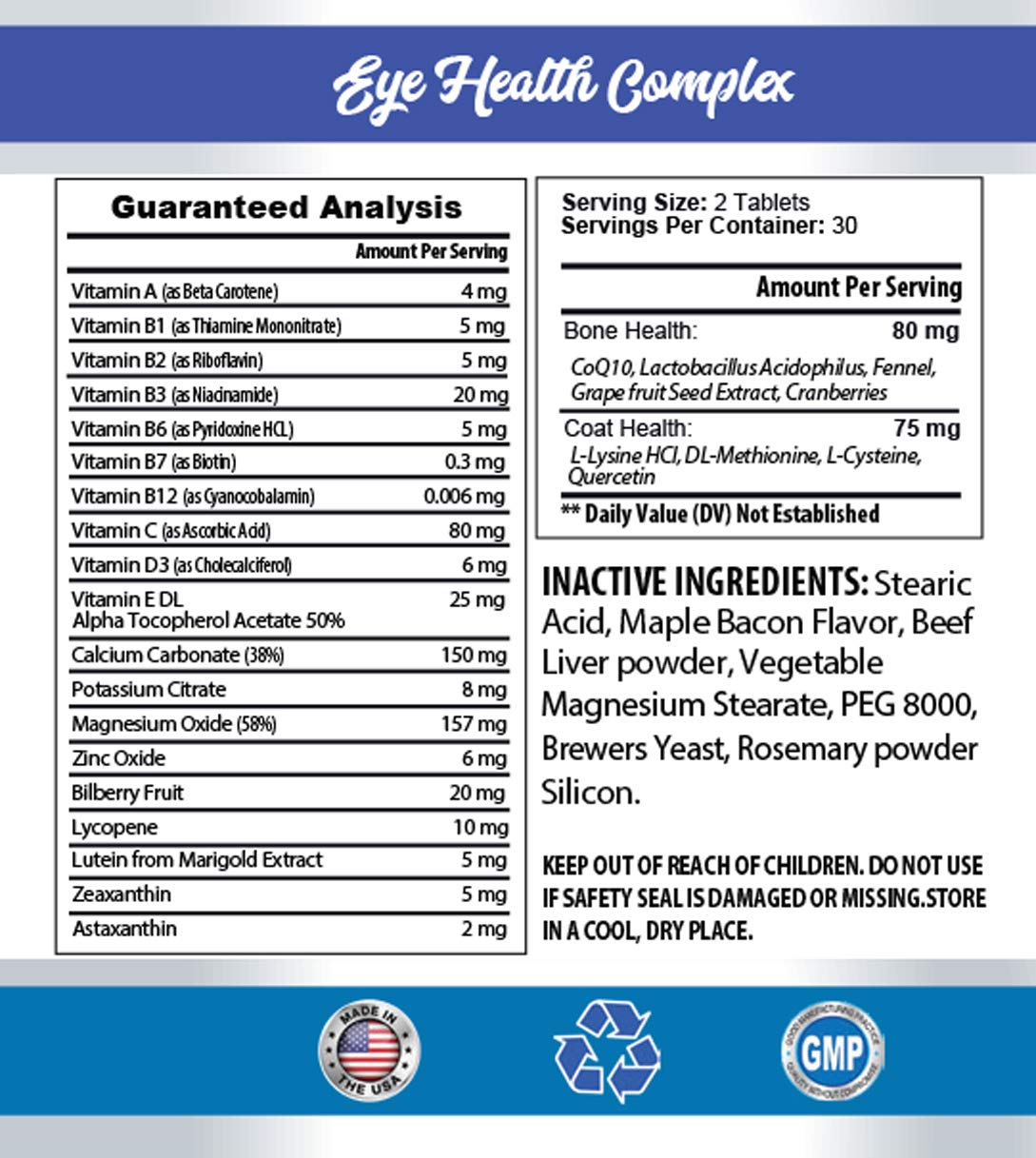 Dog Eye Health Supplements - Dog Total Health Complex - Eye Teeth Hair Joint Support - Advanced - Dog Lutein - 1 Bottle (60 Tablets)