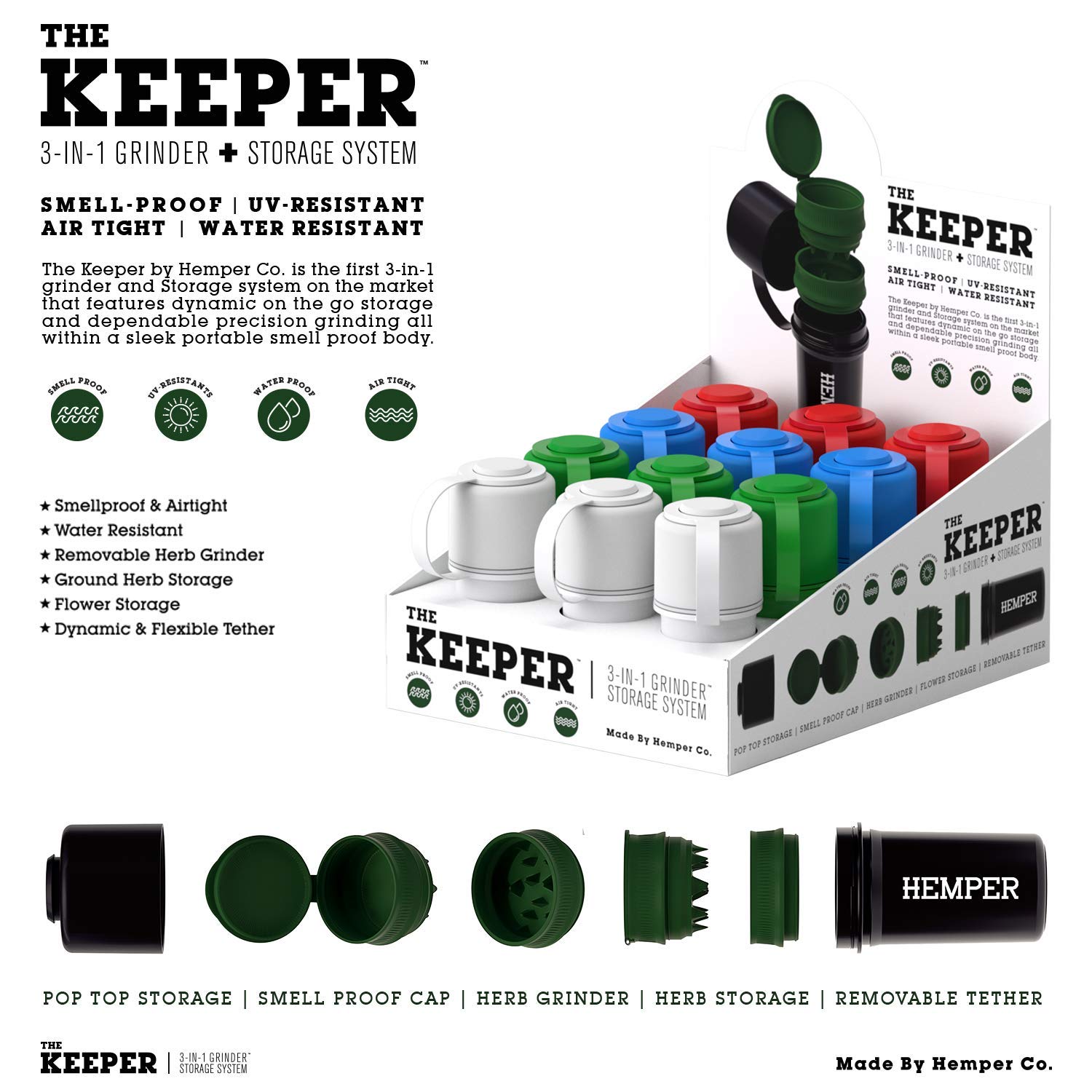 HEMPER Keeper 3-IN-1 Grinder + Storage System with Smell Proof Storage With Travel Ready Tether Strap | Lightweight