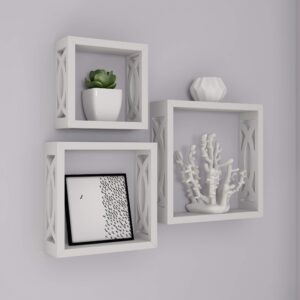 floating shelves- open cube wall shelf set with hidden brackets, 3 sizes to display décor, photos, more- hardware included by lavish home (white)