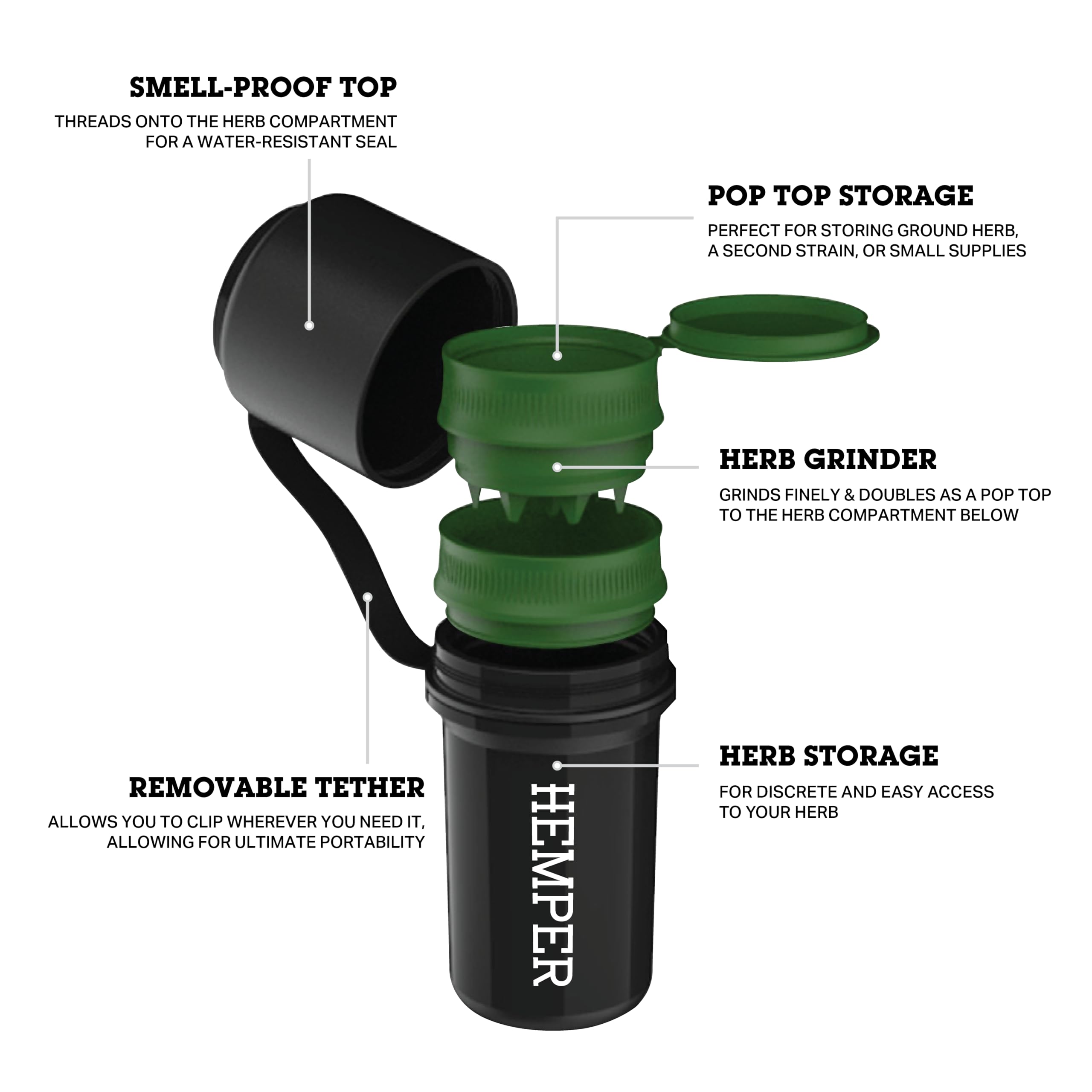 HEMPER Keeper 3-IN-1 Grinder + Storage System with Smell Proof Storage With Travel Ready Tether Strap | Lightweight