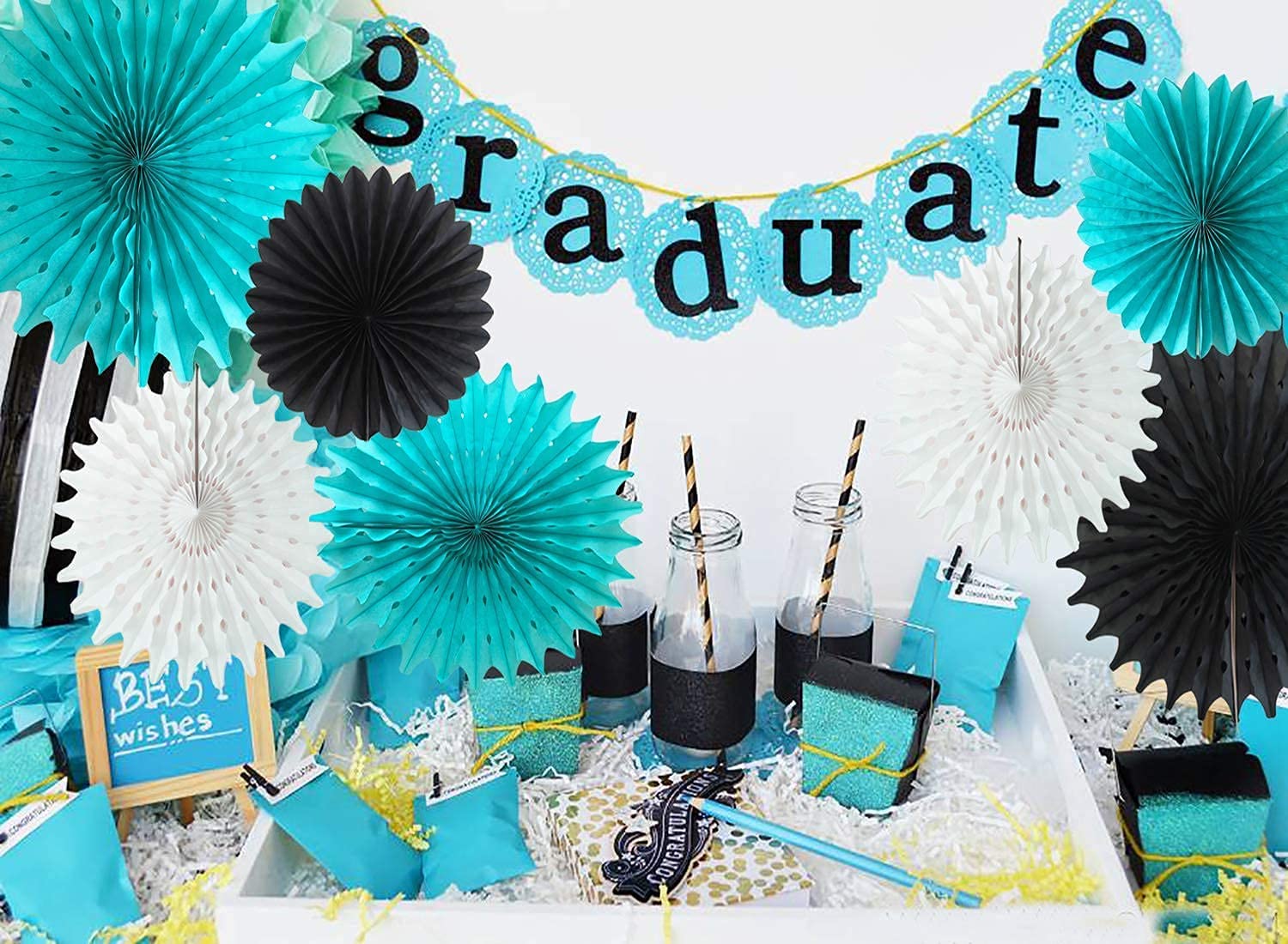 Teal Graduation Party Decorations/Turquoise Teal Black Graduation Decorations 2024/Turquoise Birthday Decorations/Bridal Shower Decorations White Black/Moustache Birthday Little Man Decorations