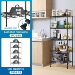 5-Tier Wire Shelving Unit Storage Shelves Heavy Duty Metal Shelf 24"L x 14"W x 60"H Utility Steel Organizer Rack NSF Garage Shelving with Leveling Feet for Kitchen, Garage, Bathroom, Laundry, Black