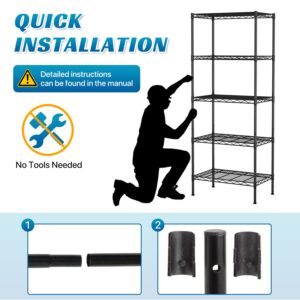 5-Tier Wire Shelving Unit Storage Shelves Heavy Duty Metal Shelf 24"L x 14"W x 60"H Utility Steel Organizer Rack NSF Garage Shelving with Leveling Feet for Kitchen, Garage, Bathroom, Laundry, Black