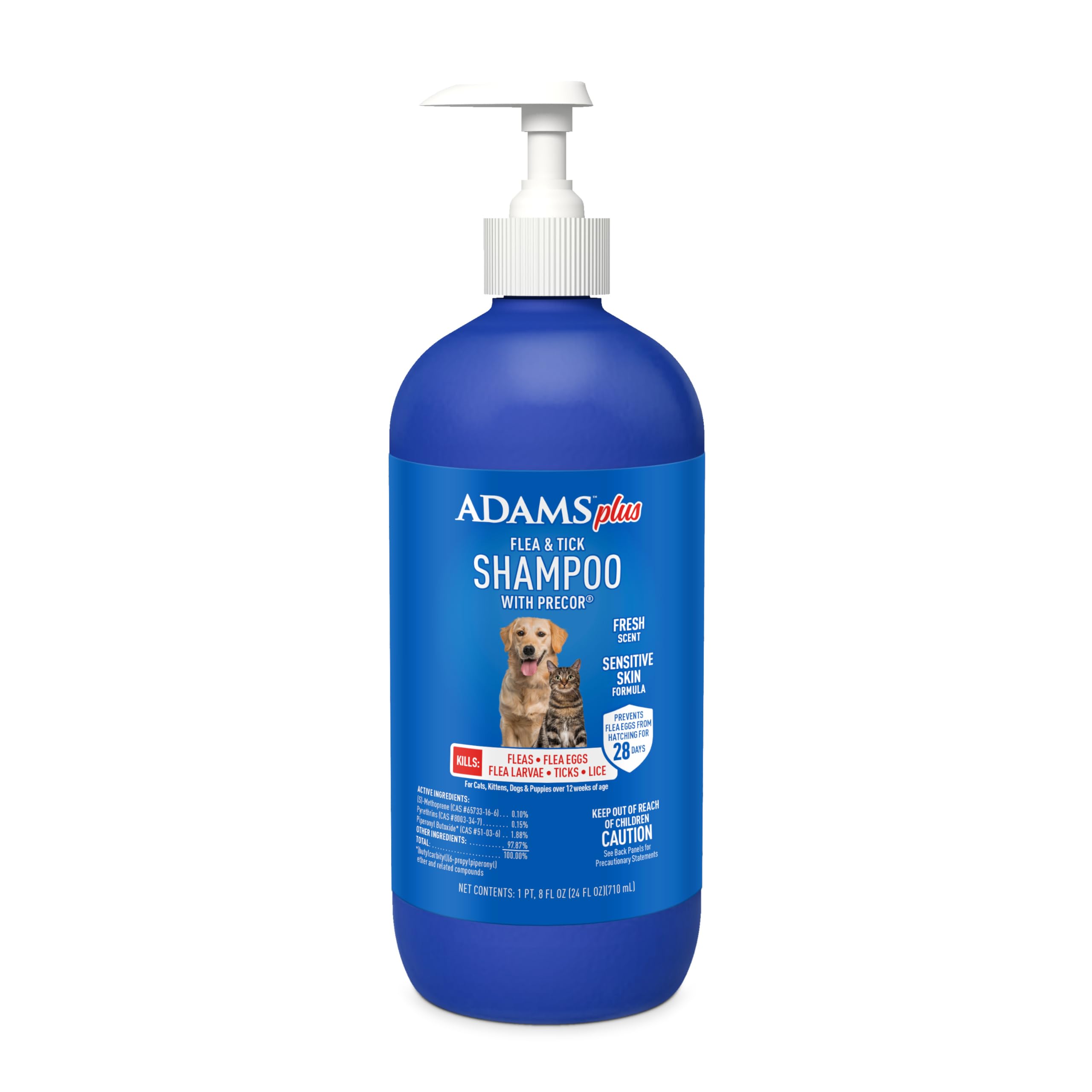 Adams Plus Flea & Tick Shampoo with Precor for Cats, Kittens, Dogs & Puppies Over 12 Weeks Of Age |Sensitive Skin Flea Treatment |Kills Adult Fleas, Flea Eggs, Ticks, and Lice |24 Oz, Pump Included