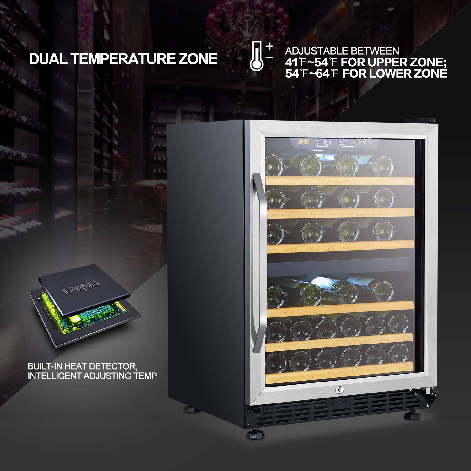 Lanbo 44 Bottle Built-in Dual Zone Compressor Wine Cooler, 24 Inch Wide