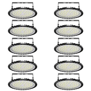 viugreum 10 pack 200w ufo led high bay lights, 20000lm 6500k daylight white ultra thin highbay light fixtures, 110v ip65 waterproof bay lighting for garage factory warehouse gym