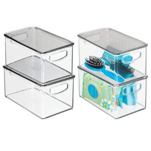 mdesign deep plastic bathroom storage bin box, lid/built-in handles, organization for makeup, hair styling tools, toiletry accessories in cabinet, shelves, ligne collection, 4 pack, clear/smoke gray